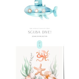 Cute Scuba Diving Watercolor Clipart - Scuba Dive Clipart - Underwater ...