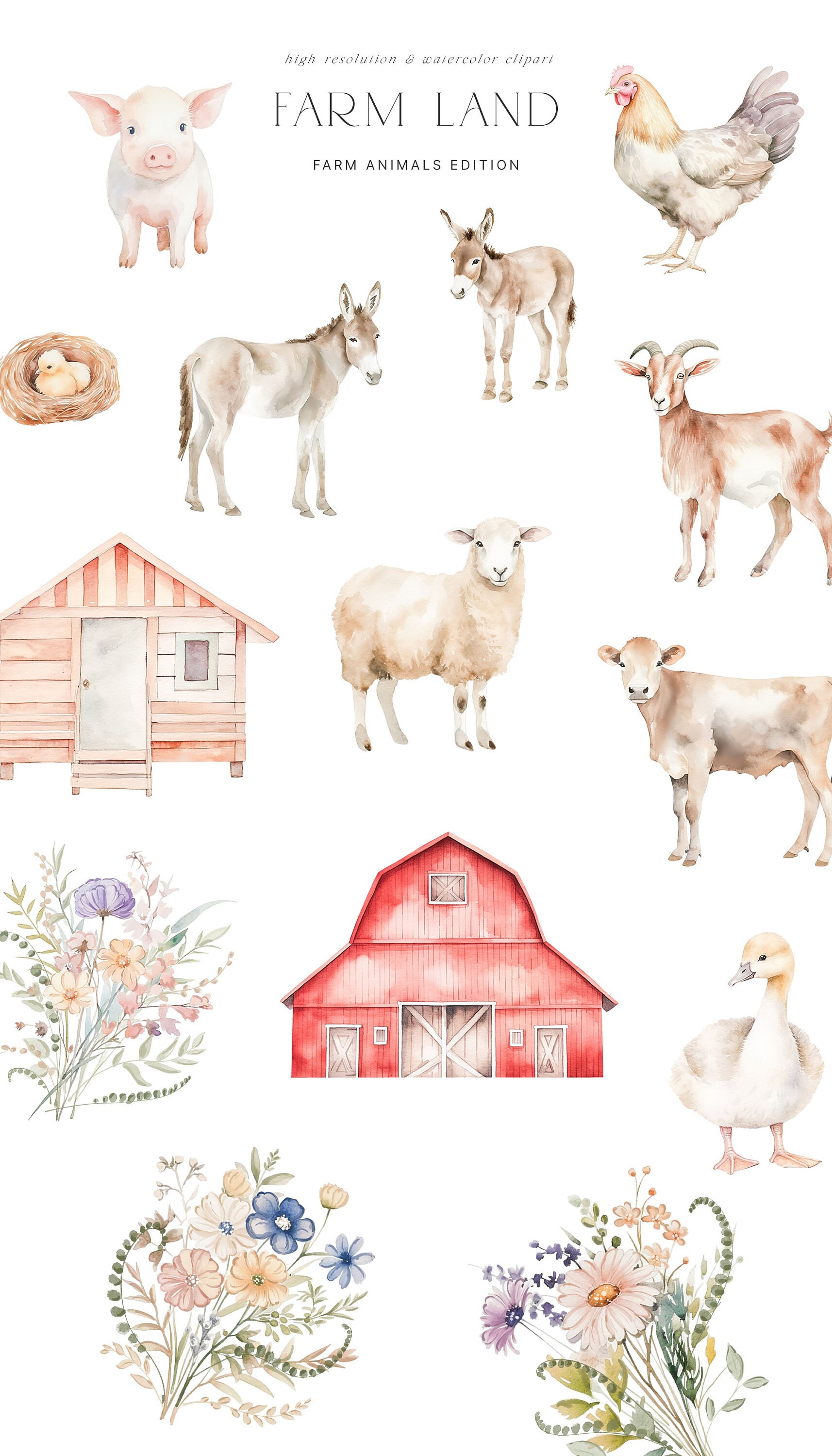 Farm House Animals Clipart - Watercolor Clipart - Farm Animals Clipart ...