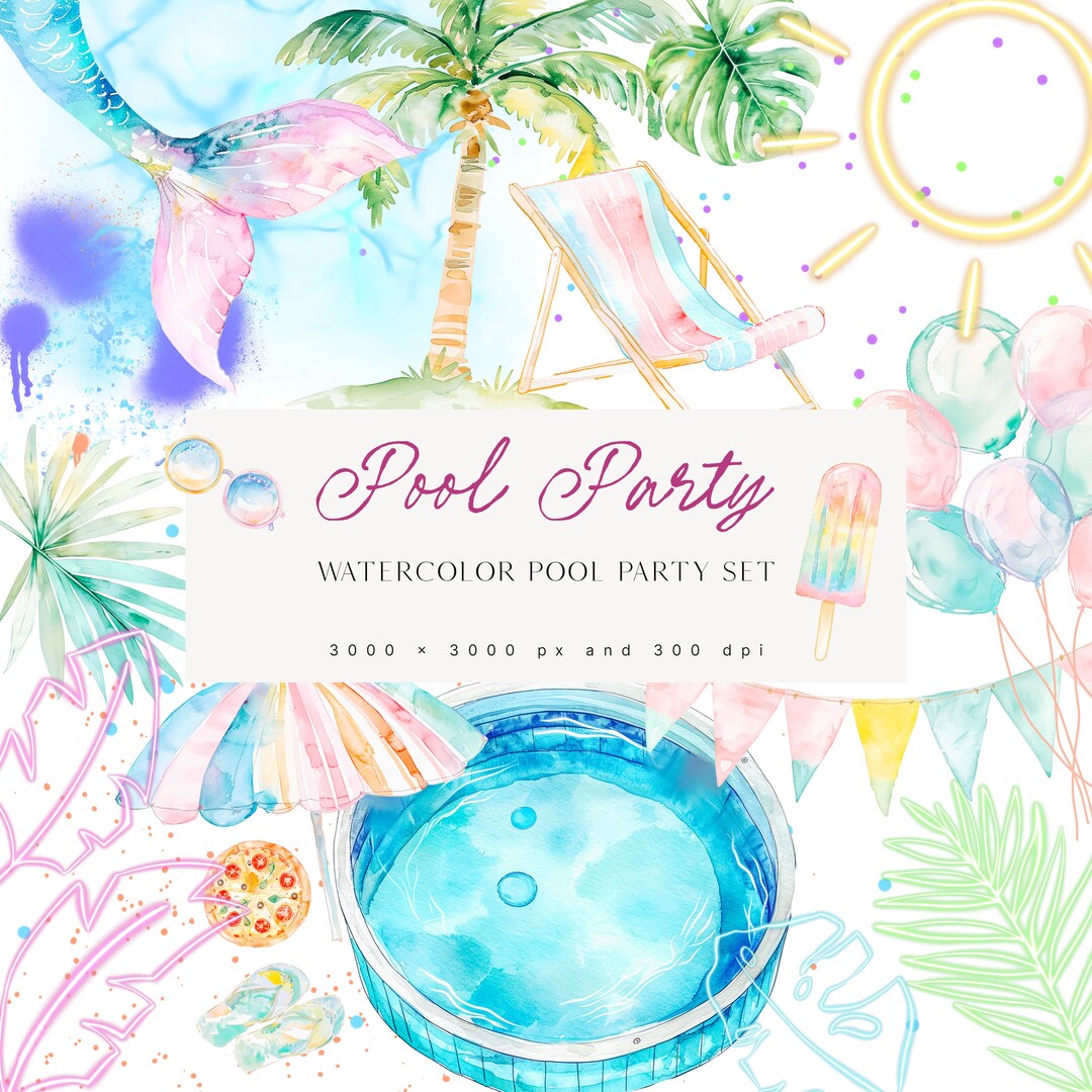 Pool Party Watercolor Clipart - Neon Pool Party - Pool Party Clipart ...