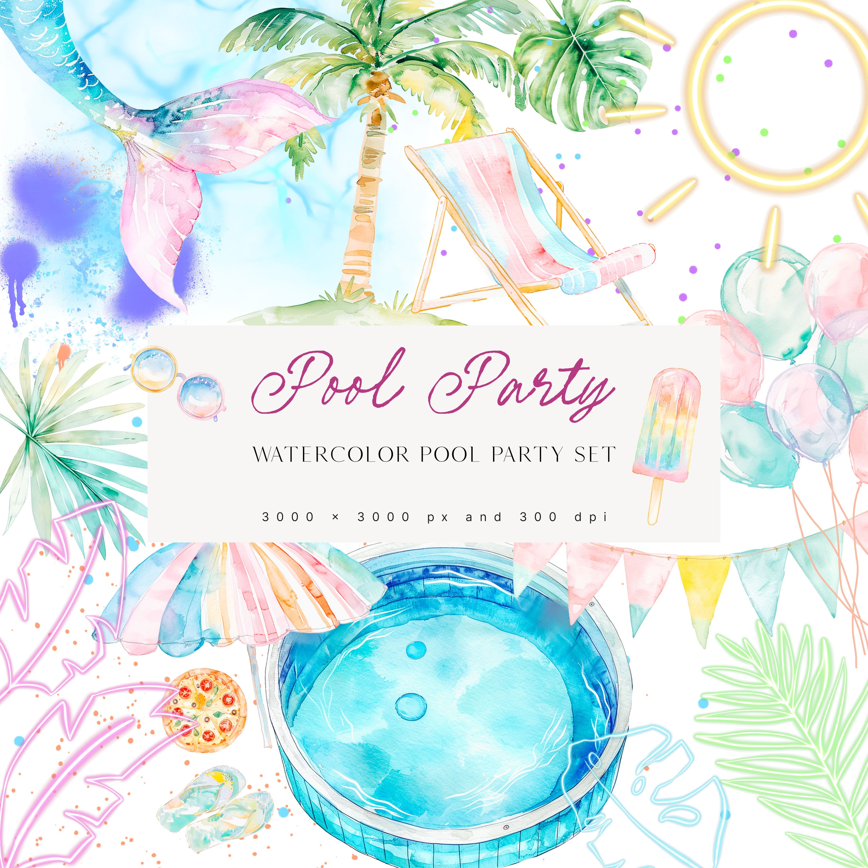 Pool Party Watercolor Clipart Neon Pool Party Pool Party Clipart ...