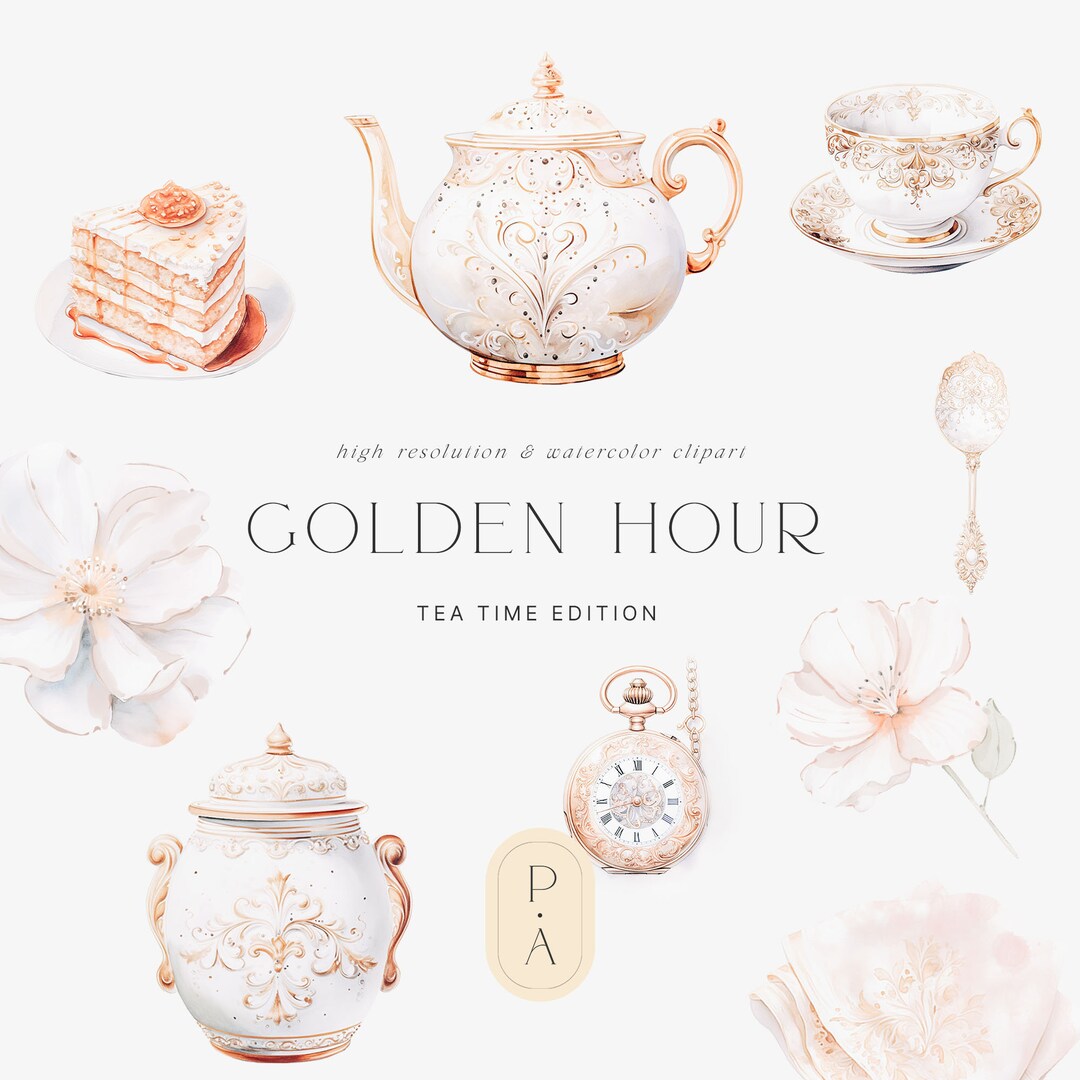 White Tea Time Clipart - Watercolor Clipart - Watercolor Tea Set - Gold ...