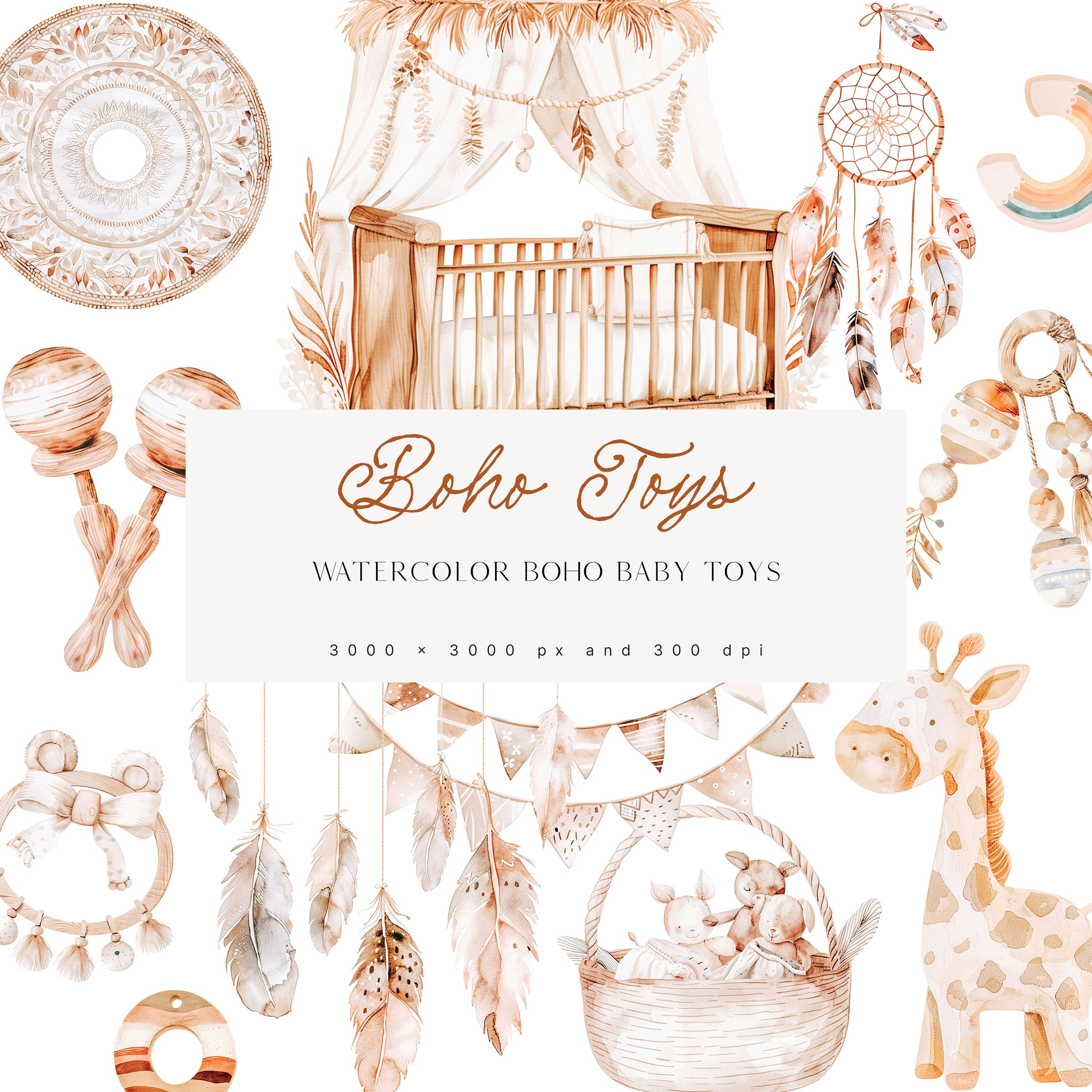 Boho Baby Toys Clipart Neutral Baby Shower Clipart Boho Baby Nursery ...
