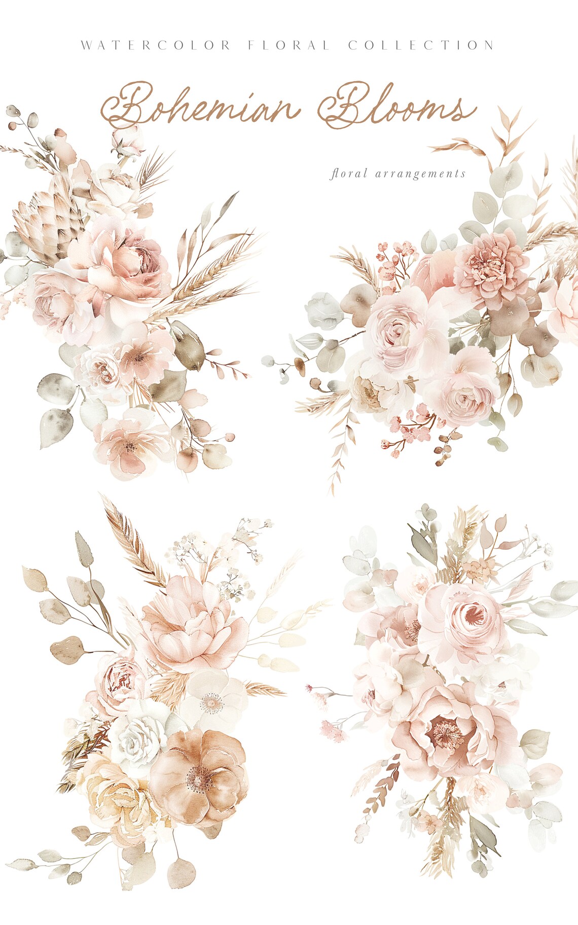 Bohemian Floral Bouquets Watercolor Clipart - Watercolor Boho Florals ...