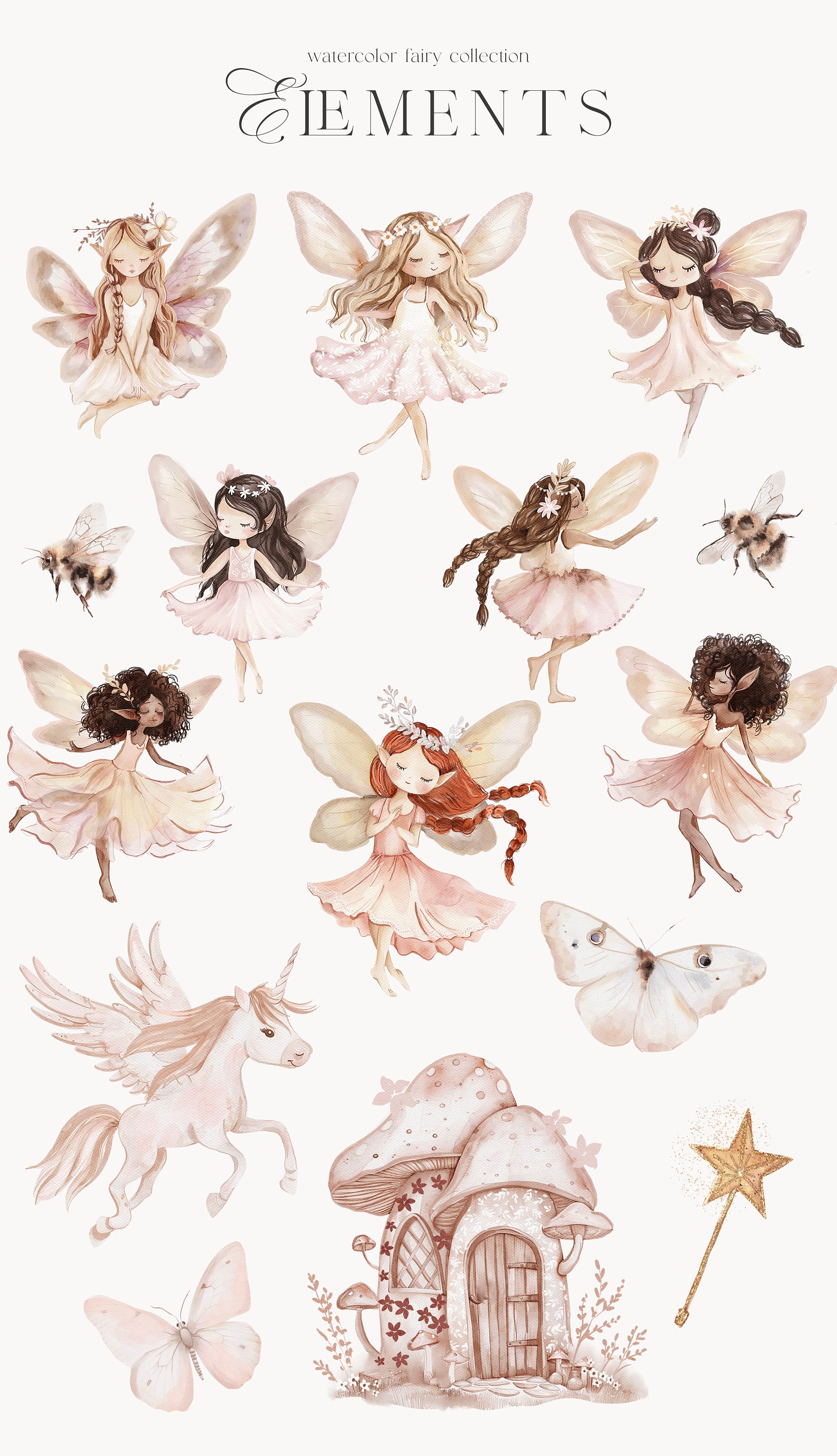Watercolor Fairy and Unicorn Clipart - Neutral Fairy Collection ...