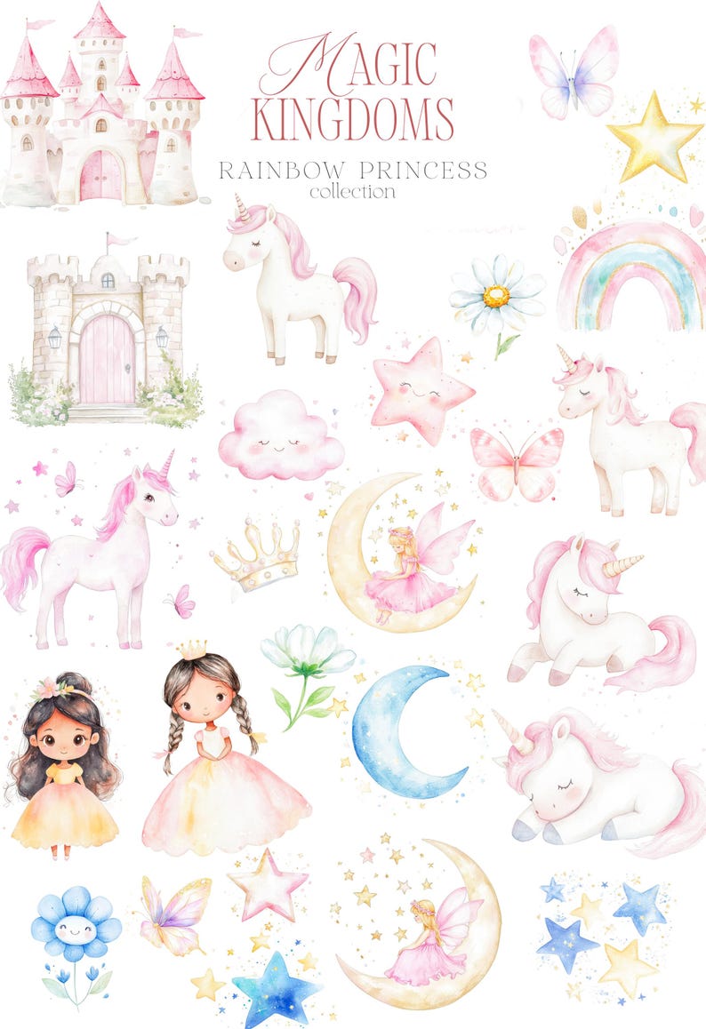 Cute Princess & Unicorn Clipart - Watercolor Nursery - Clipart for Kids ...