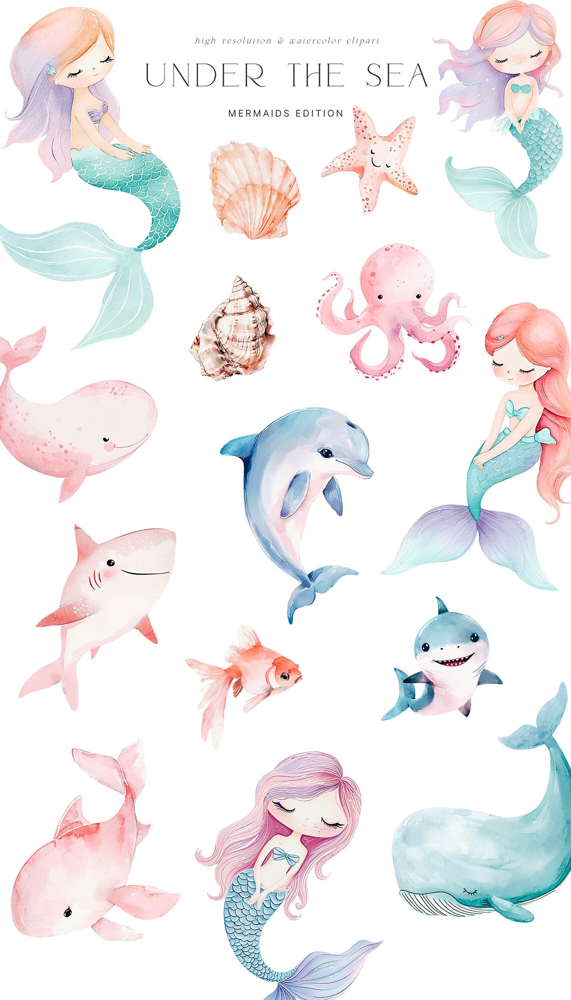 Watercolor Mermaids Clipart Underwater Clipart Nursery Cute Mermaids ...