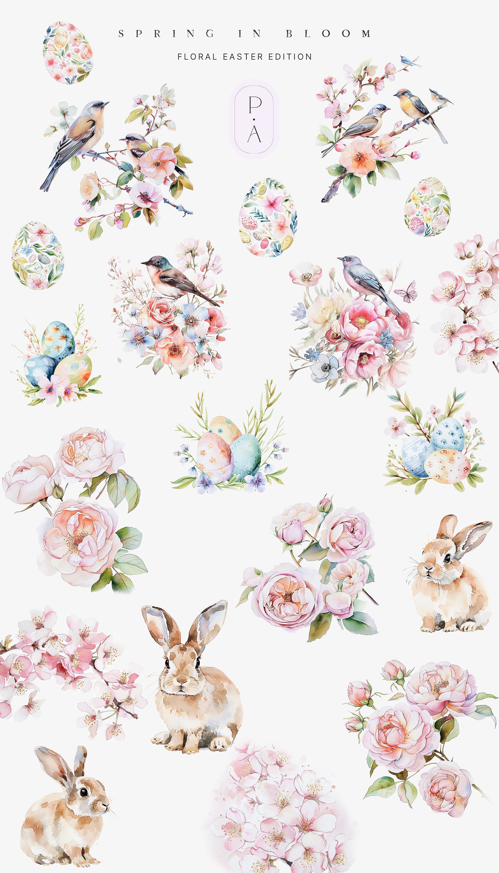 Watercolor Easter Clipart Set Bunny Clipart Spring Florals Watercolor ...