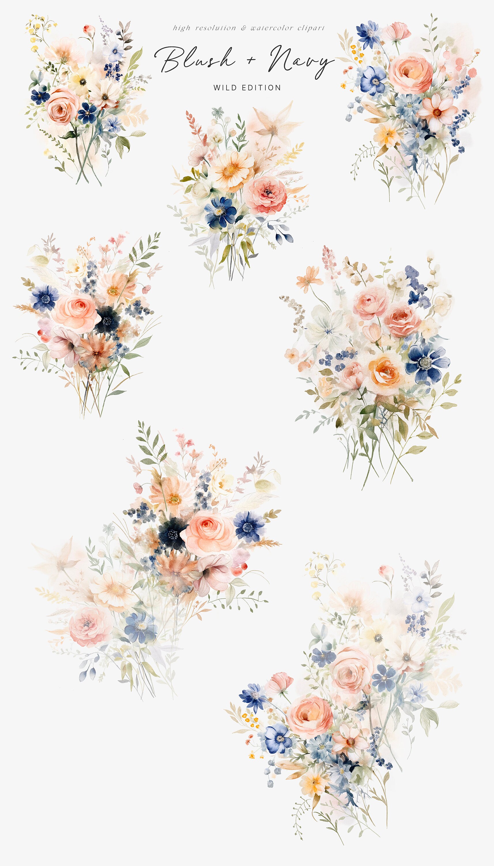 Blush Navy Floral Clipart Watercolor Flowers Blush Flowers Navy Flowers ...