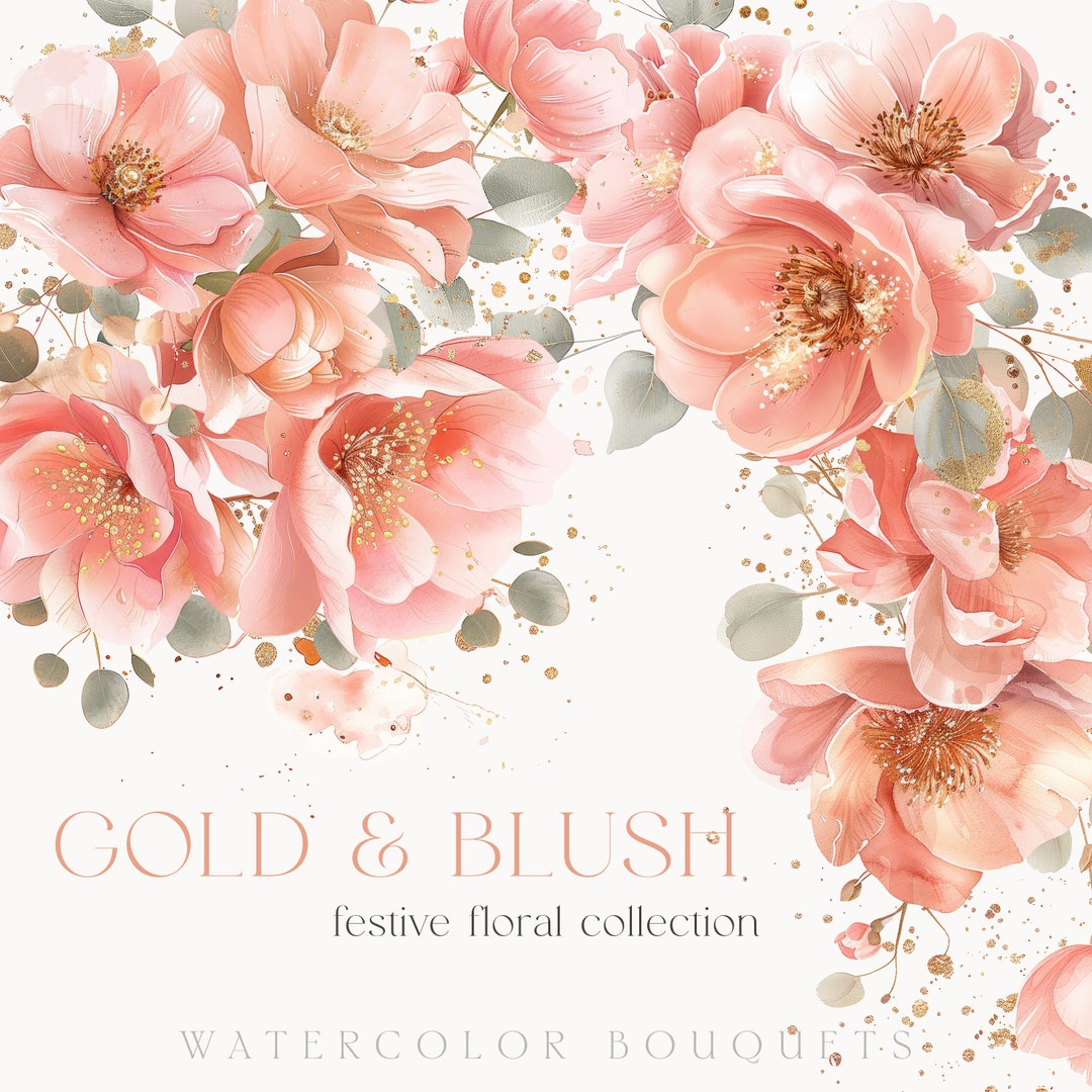 Watercolor Blush and Gold Floral Clipart - Blush Flower Arrangements ...