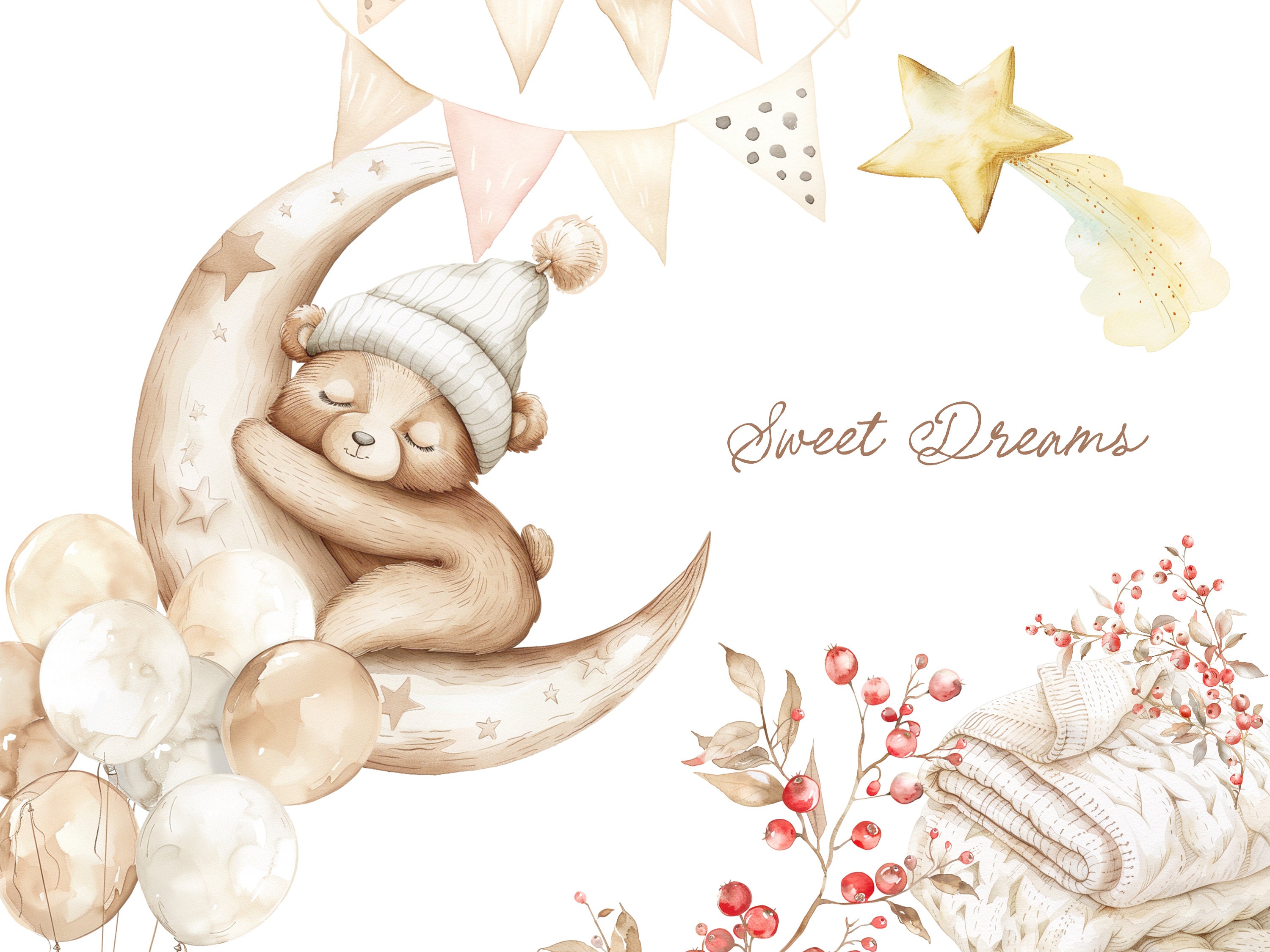 Neutral Sleepy Bear Clipart - Watercolor Teddy Bears - Sleepy Bears ...