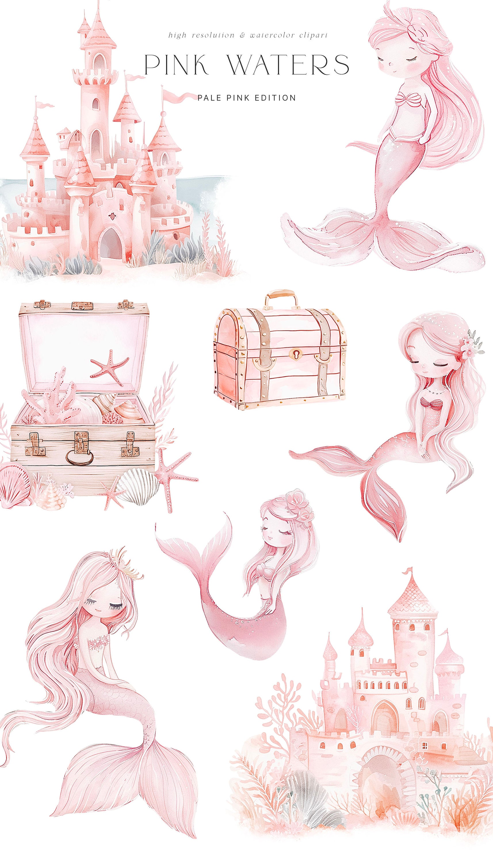 Watercolor Pink Mermaids Clipart - Pink Clipart - Underwater Clipart ...