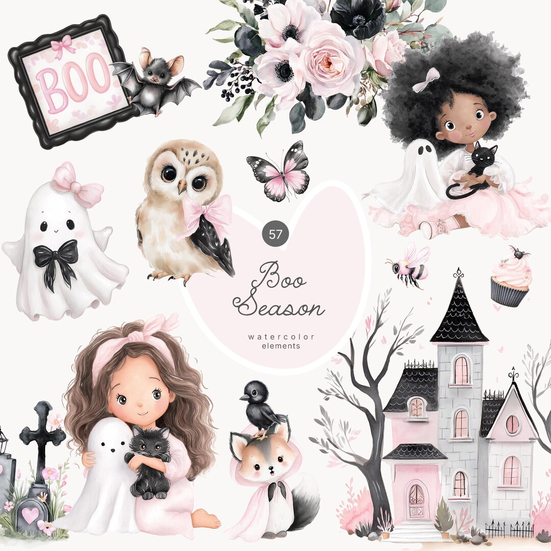 Watercolor Cute Pink and Black Halloween Clipart - Cute Halloween ...