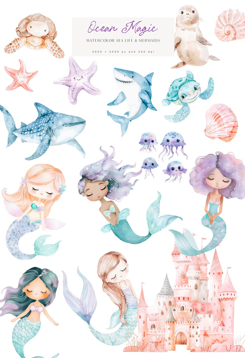 Ocean & Mermaid Clipart Watercolor Mermaids Cute Sea Creatures Sea ...