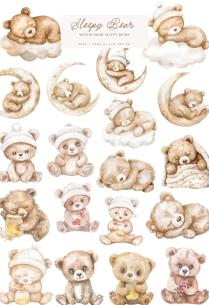 Neutral Sleepy Bear Clipart - Watercolor Teddy Bears - Sleepy Bears ...