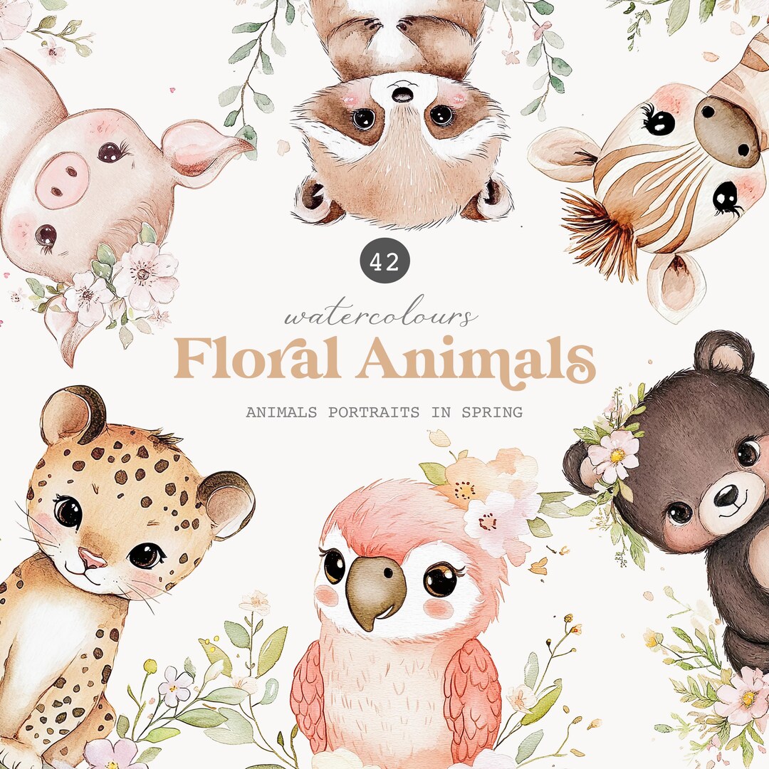 Watercolor Animals Portraits With Flowers - Spring Animals With Flowers ...
