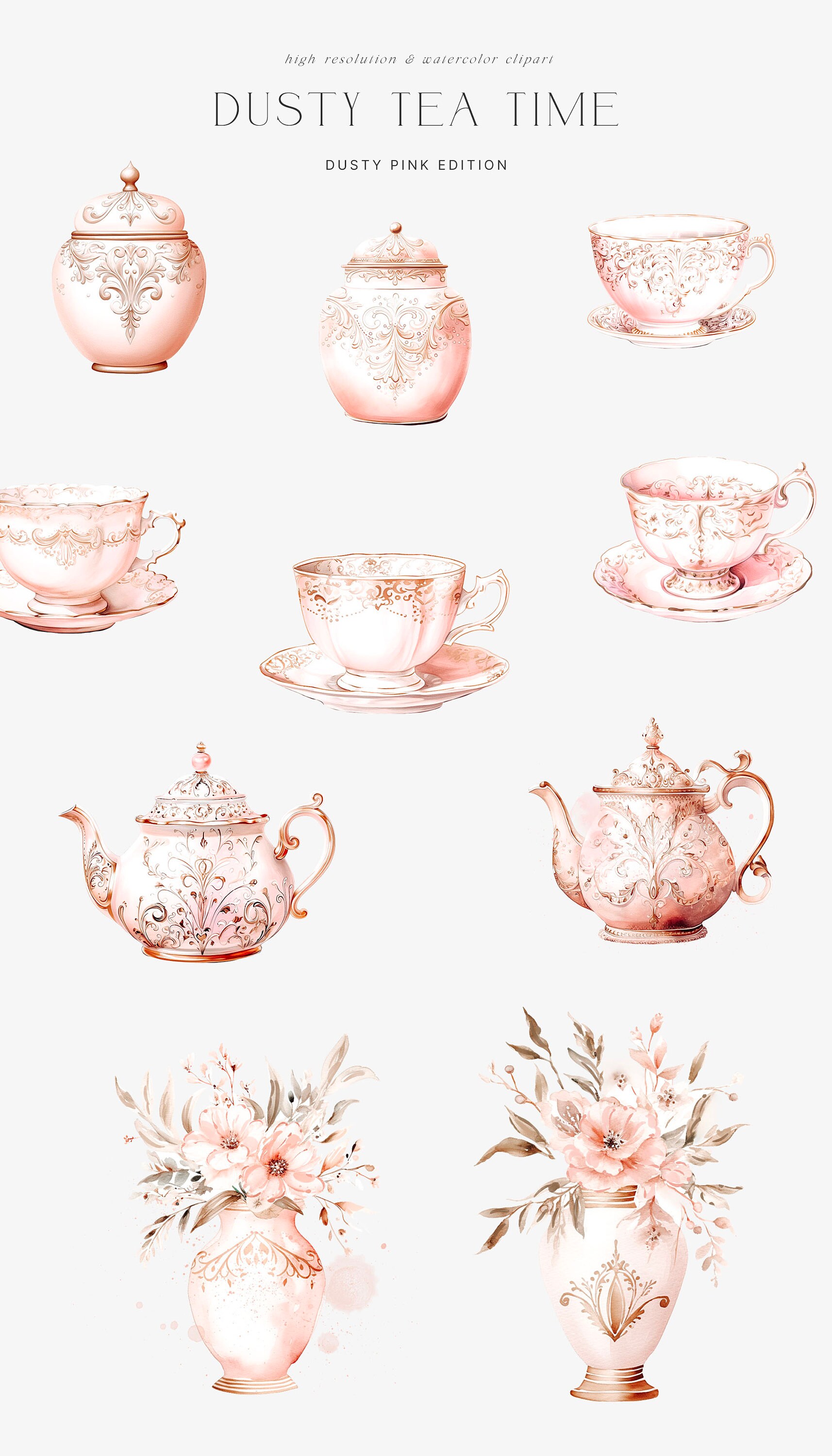 Dusty Rose Tea Party Clipart Watercolor Clipart Watercolor Tea Set ...
