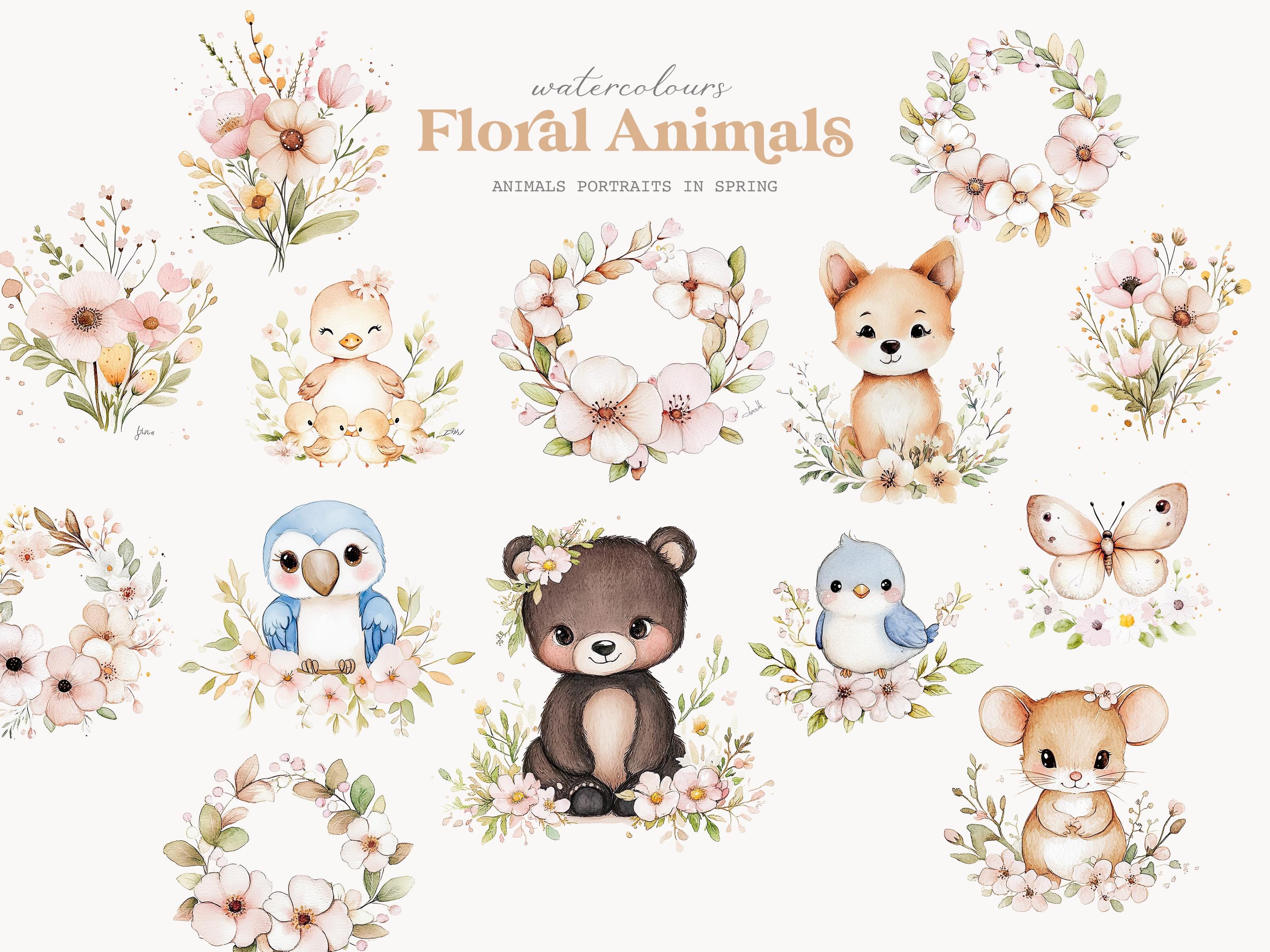 Watercolor Animals Portraits With Flowers - Spring Animals With Flowers ...