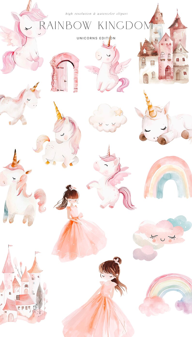 Watercolor Cute Unicorn Clipart Rainbow Princess Clipart Girls Clipart ...