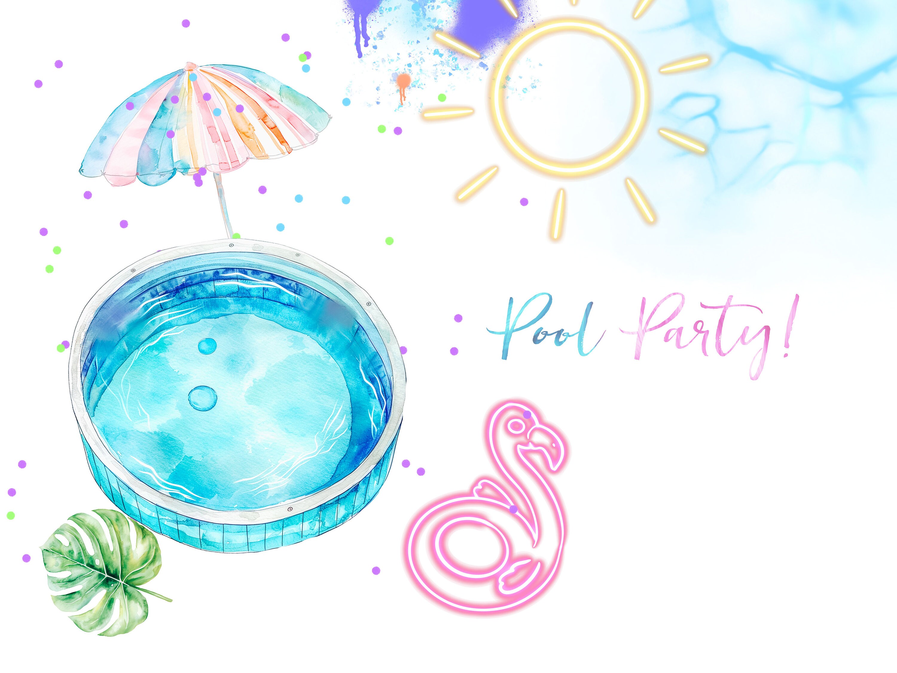 Pool Party Watercolor Clipart - Neon Pool Party - Pool Party Clipart ...