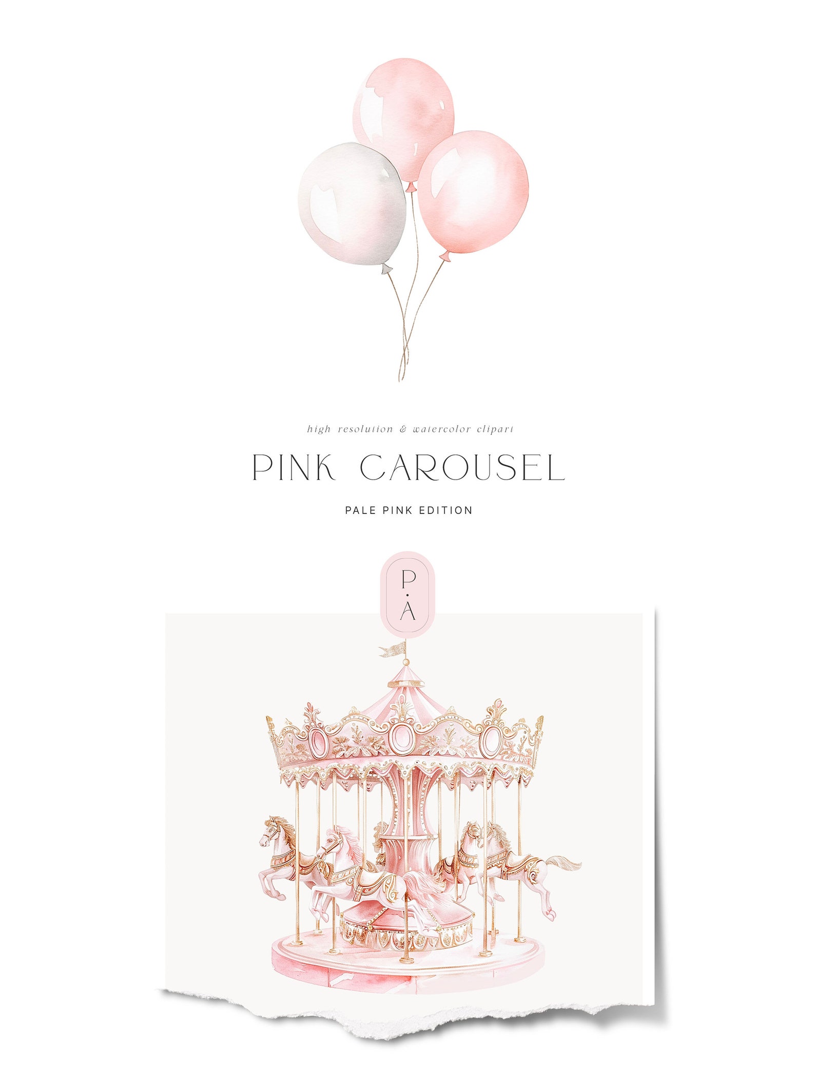 Watercolor Pink Carousel Clipart - Pony Clipart - Pale Pink - Gold ...