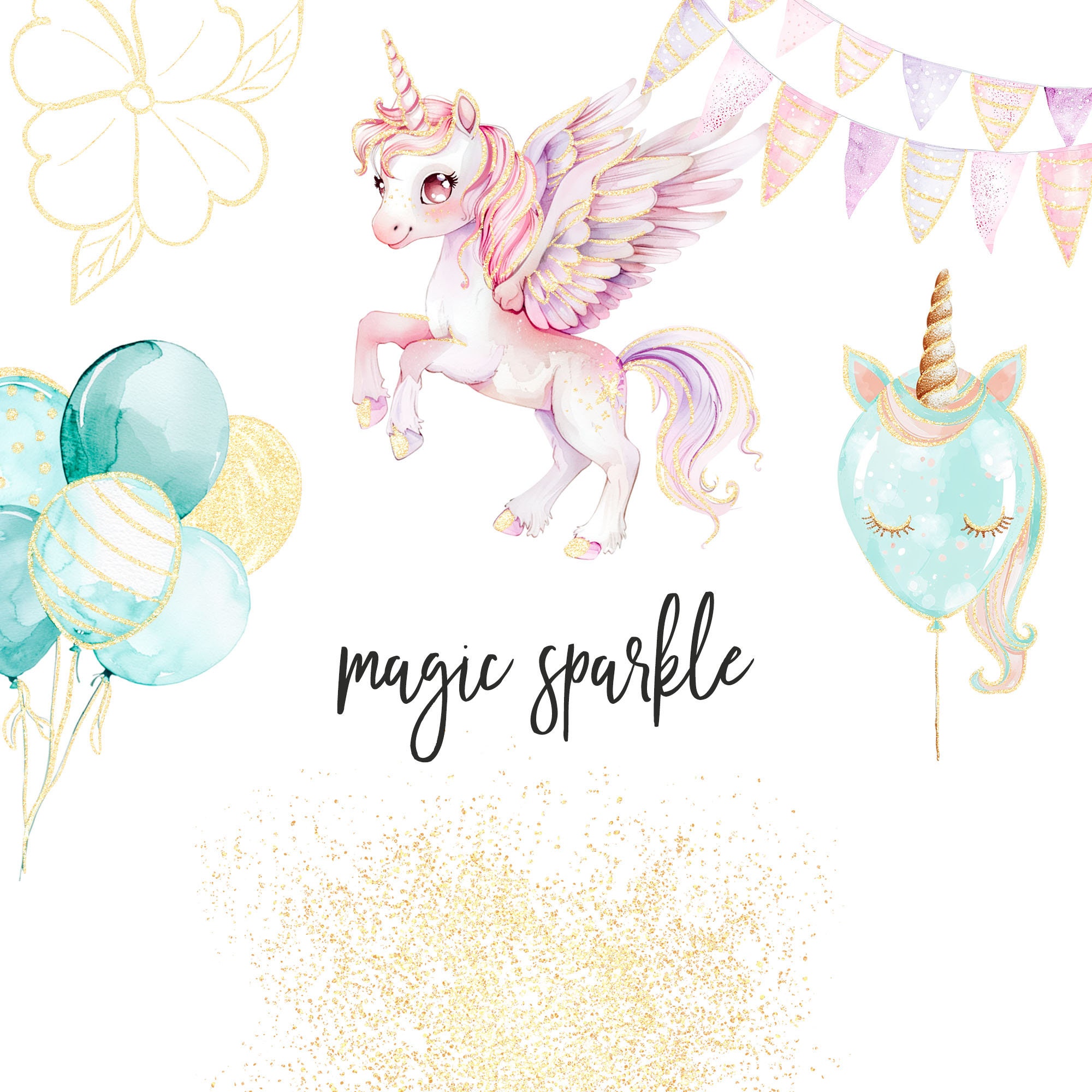 Unicorns & Glitter Clipart Set Unicorn Party Clipart Glitter and Gold ...