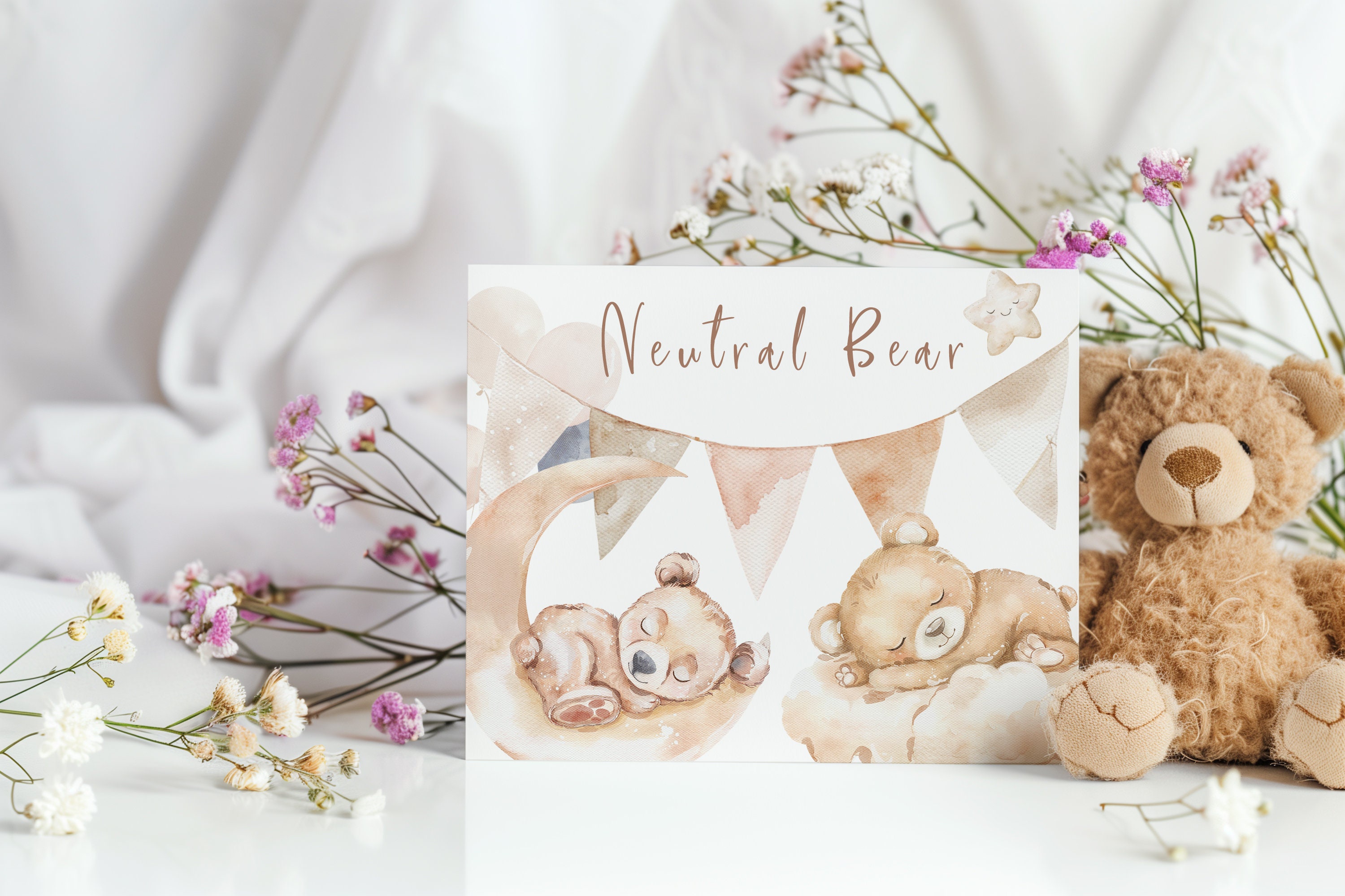 Neutral Bear Clipart Set Watercolor Bears Teddy Bears Sleepy Bears Neutral Baby Shower Clipart ...