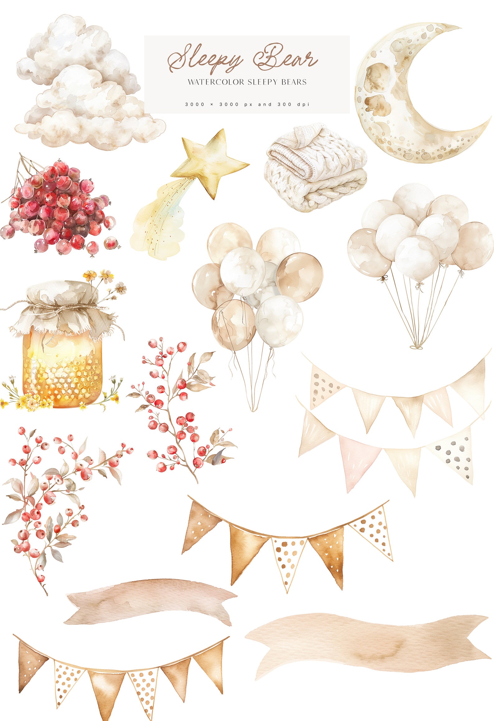 Neutral Sleepy Bear Clipart - Watercolor Teddy Bears - Sleepy Bears ...