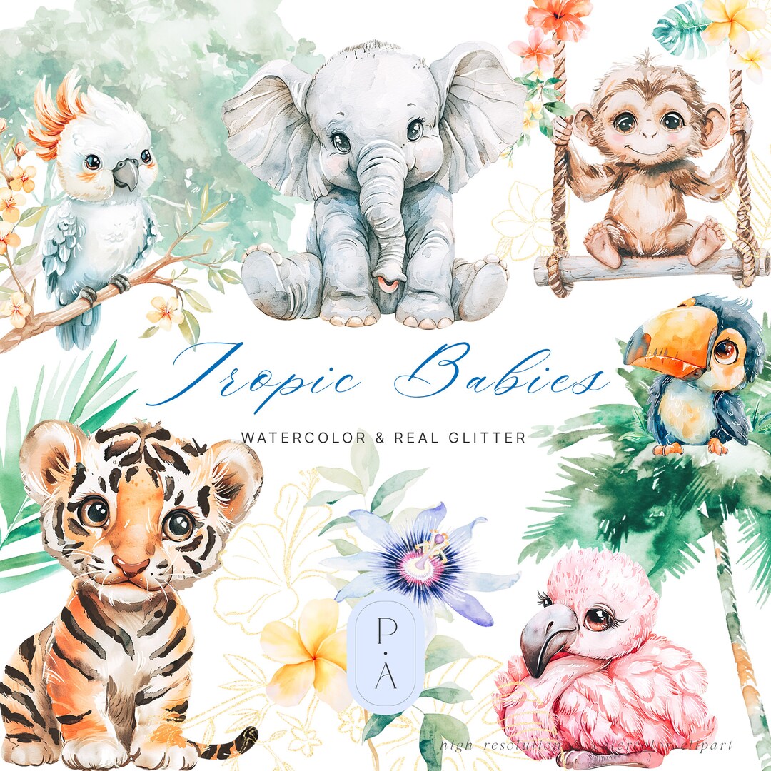 Baby Jungle Animals Watercolor Clipart - Nursery Clipart - Tropical ...