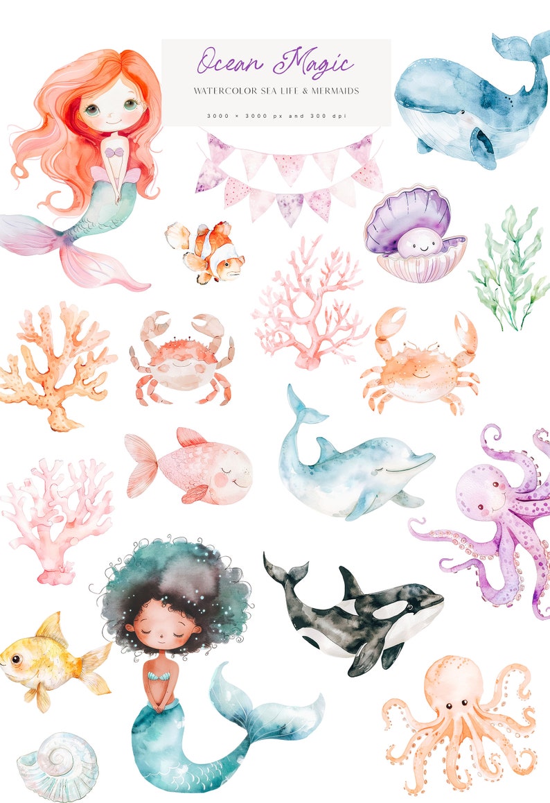 Ocean & Mermaid Clipart - Watercolor Mermaids - Cute Sea Creatures ...