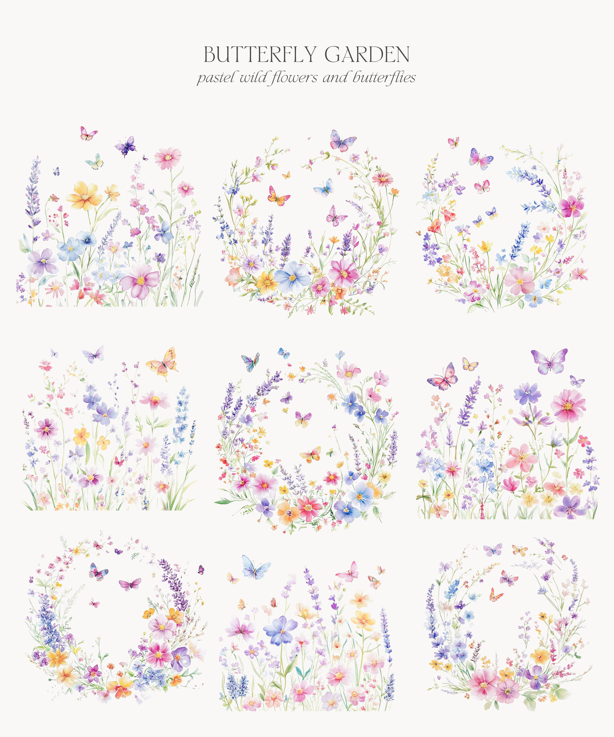 Watercolor Wild Flowers and Butterflies Clipart - Pastel Spring Flowers ...