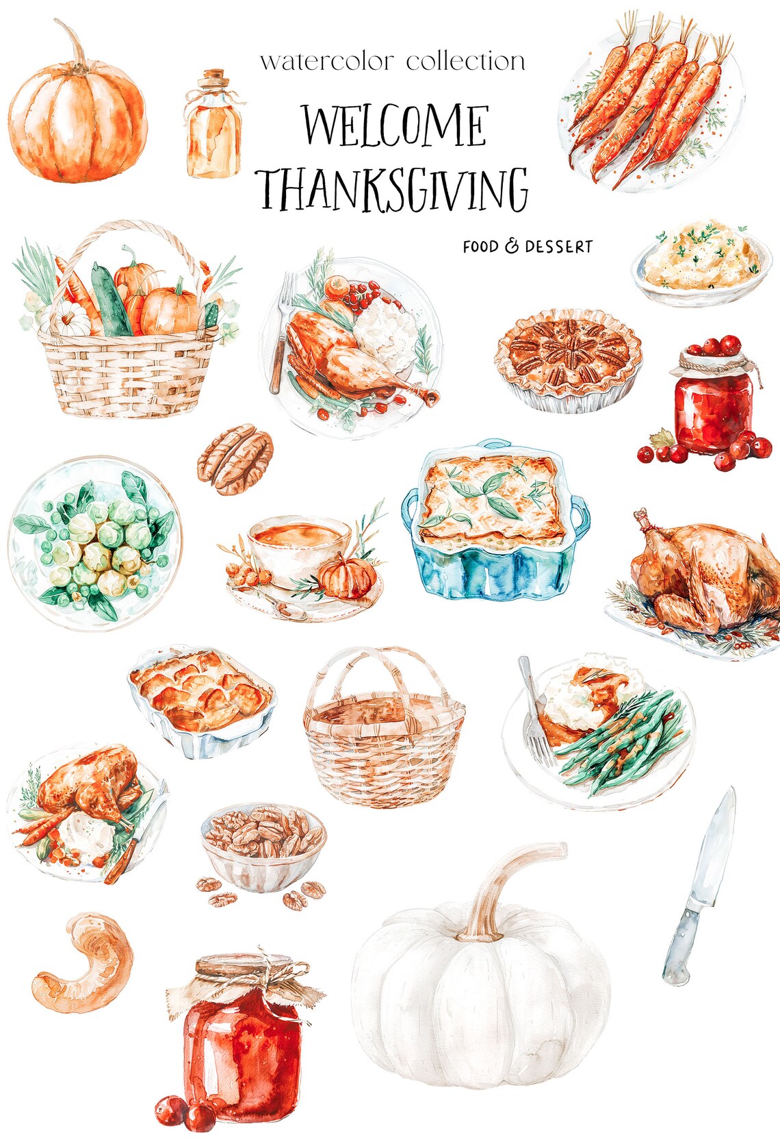 Thanksgiving Watercolor Clipart - Harvest Clipart - Turkey Clipart ...
