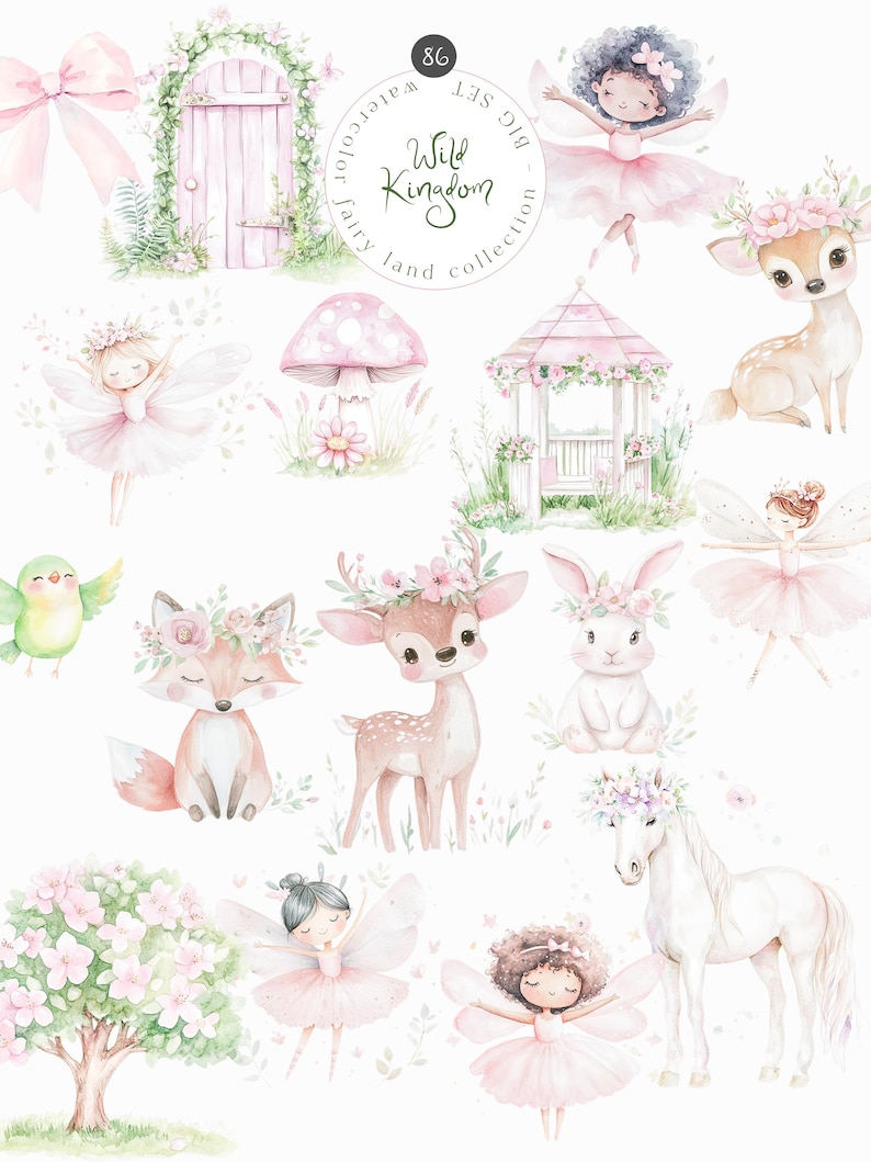 Watercolor Fairy Garden Clipart Set - Pink Fairy Land - Floral Fairy ...
