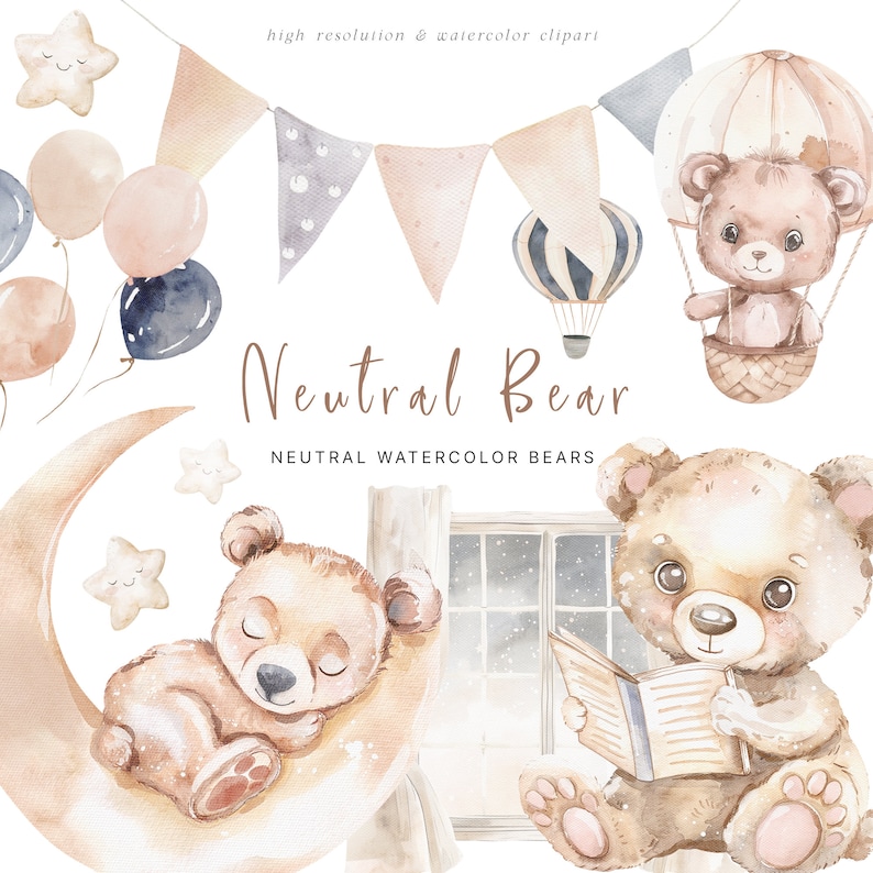 Neutral Bear Clipart Set Watercolor Bears Teddy Bears Sleepy Bears ...