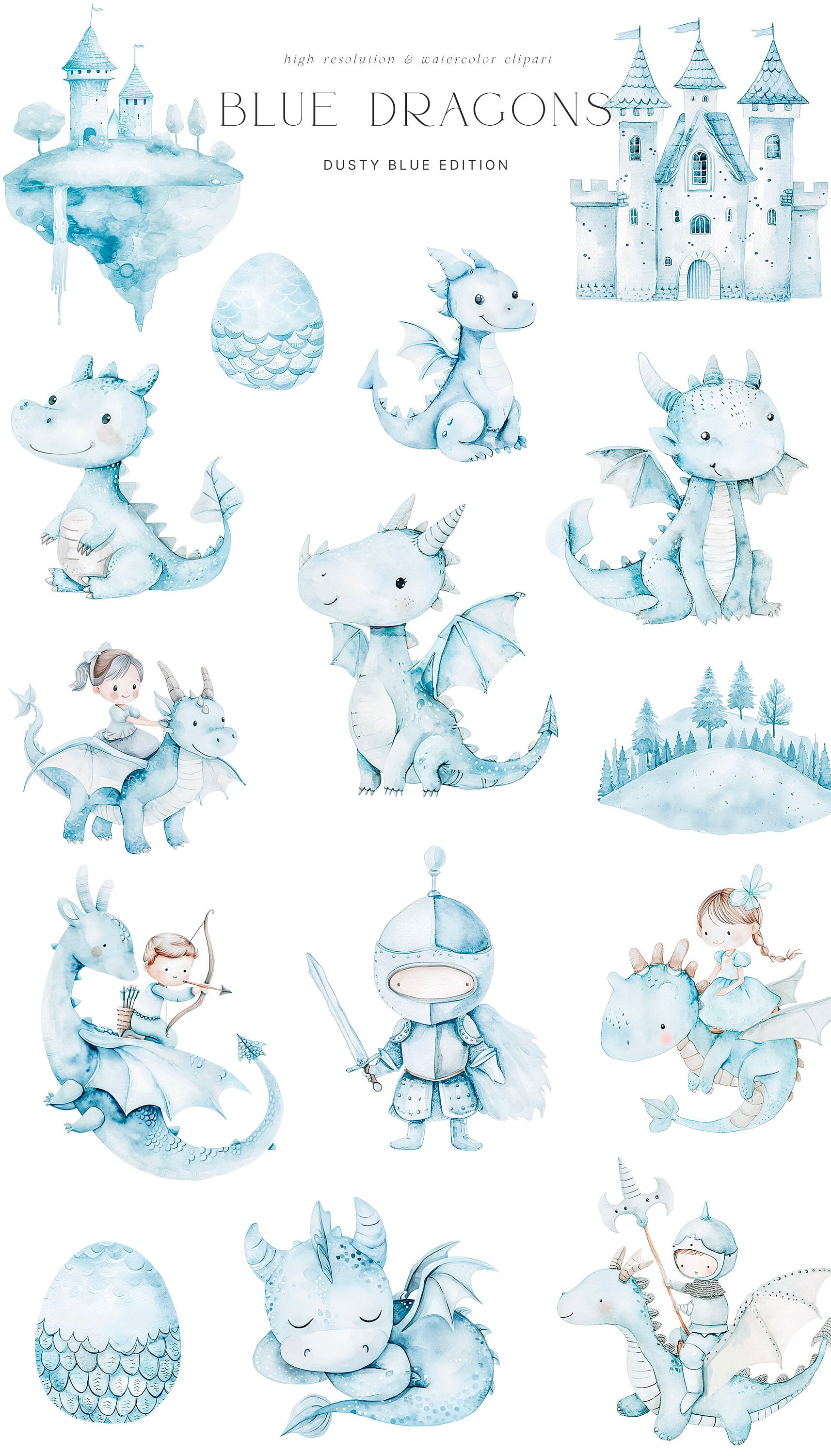 Blue Dragons Watercolor Clipart Dragon Clipart Kingdom Clipart Dragon ...