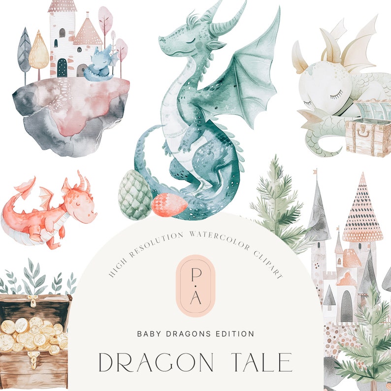 Watercolor Baby Dragon Clipart Watercolor Fantasy Kingdom Clipart Cute ...