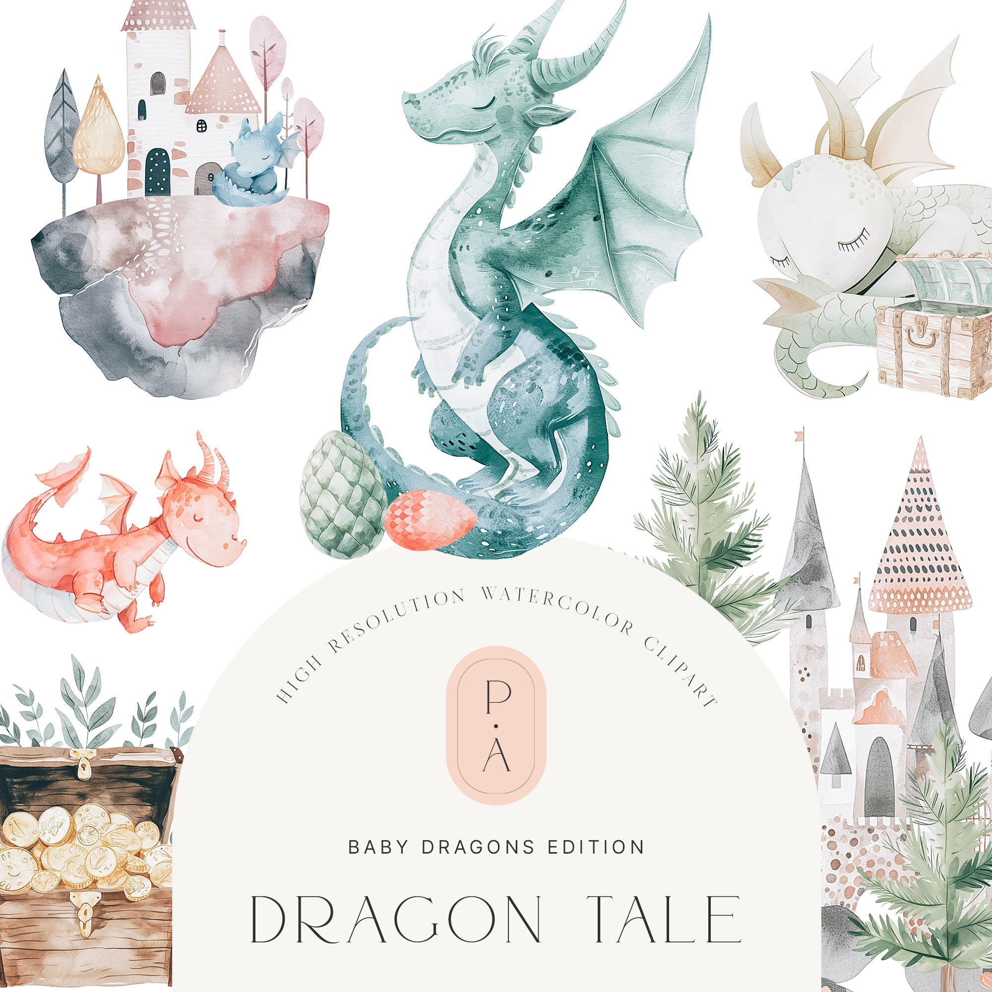Watercolor Baby Dragon Clipart Watercolor Fantasy Kingdom Clipart Cute ...