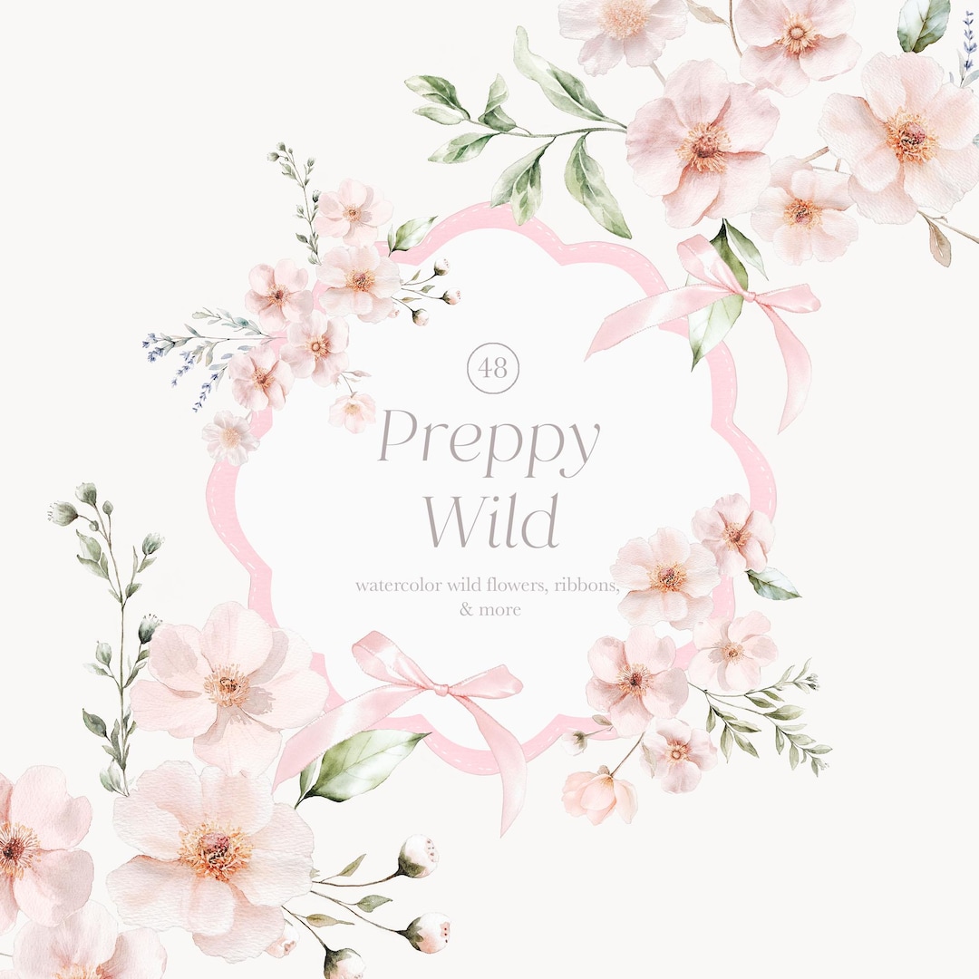 Preppy Watercolor Floral Clipart - Blush Wild Flowers - Preppy Frames ...