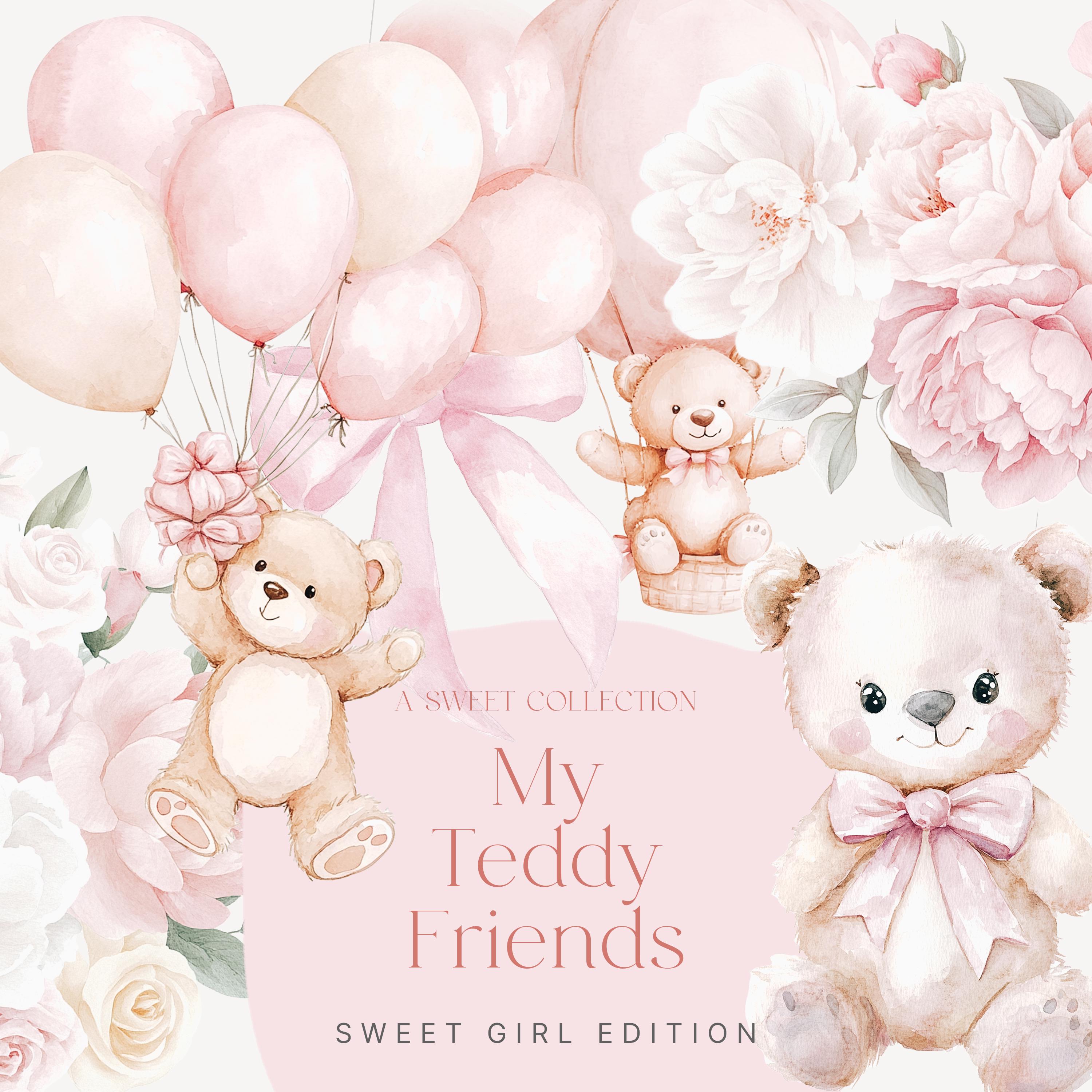 Watercolor Pink Teddy Bear Collection - Teddy Bear Clipart - Girl Teddy ...