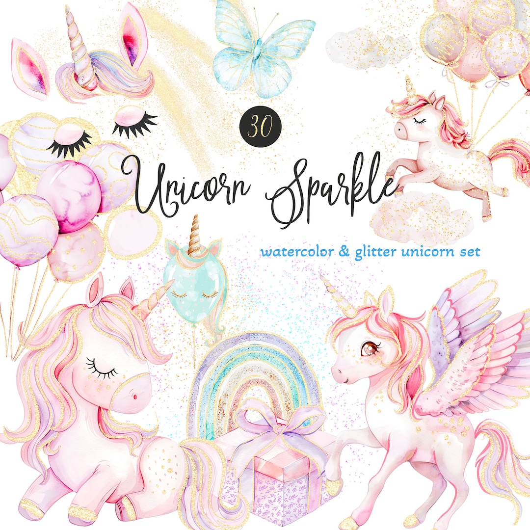 Unicorns & Glitter Clipart Set - Unicorn Party Clipart - Glitter and ...