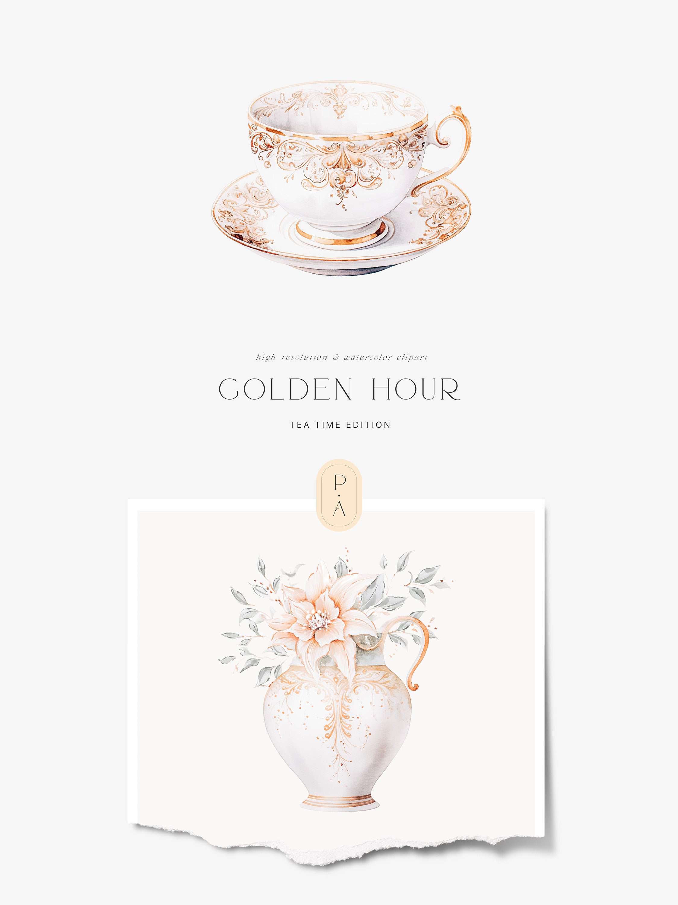 White Tea Time Clipart Watercolor Clipart Watercolor Tea Set Gold and ...