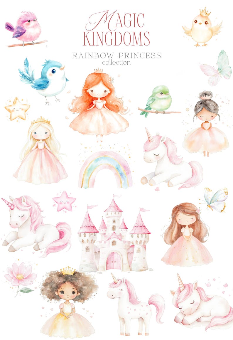 Cute Princess & Unicorn Clipart - Watercolor Nursery - Clipart for Kids ...