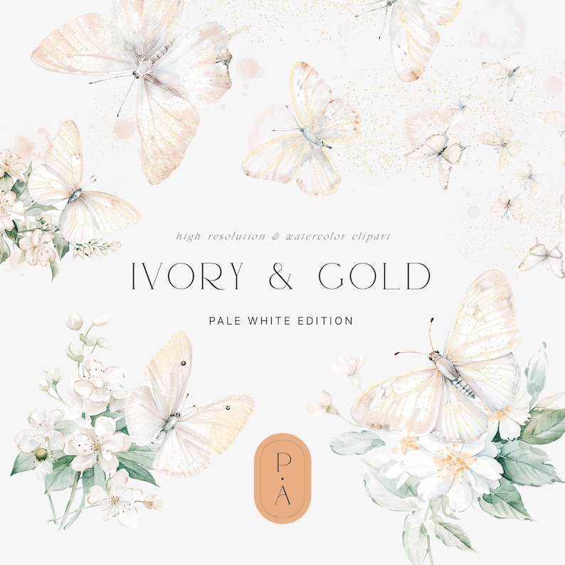 Watercolor Ivory White Gold Butterflies Clipart Stickers Clipart ...