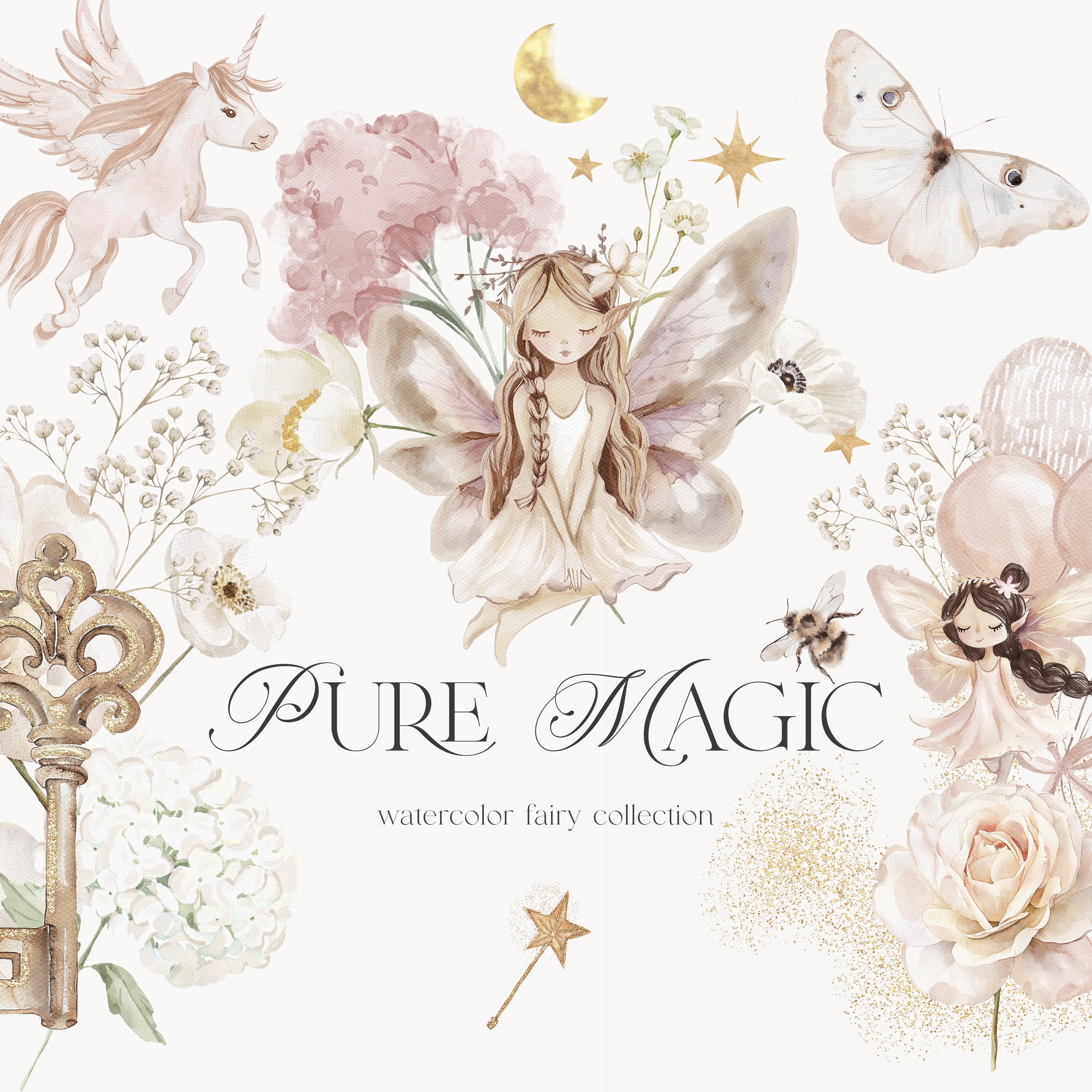 Watercolor Fairy and Unicorn Clipart Neutral Fairy Collection ...