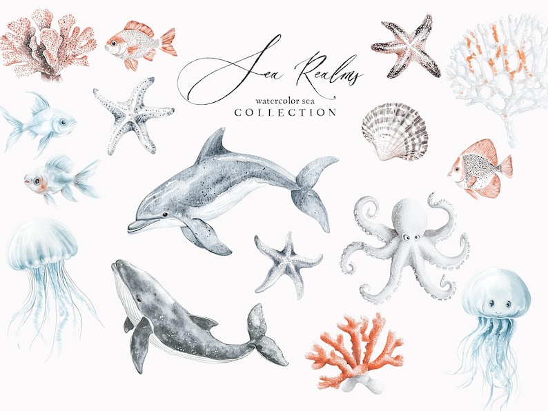Watercolor Underwater Clipart Set - Sea Animals - Sea Creatures ...