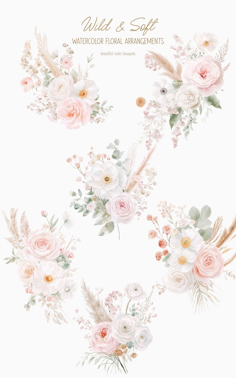 Watercolor Bohemian Blush Floral Clipart - Boho Blush Flowers - Rustic ...
