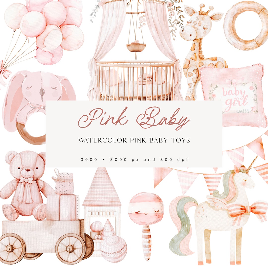 Pink Baby Toys Clipart - Watercolor Baby Toys - Pink Baby Clipart ...