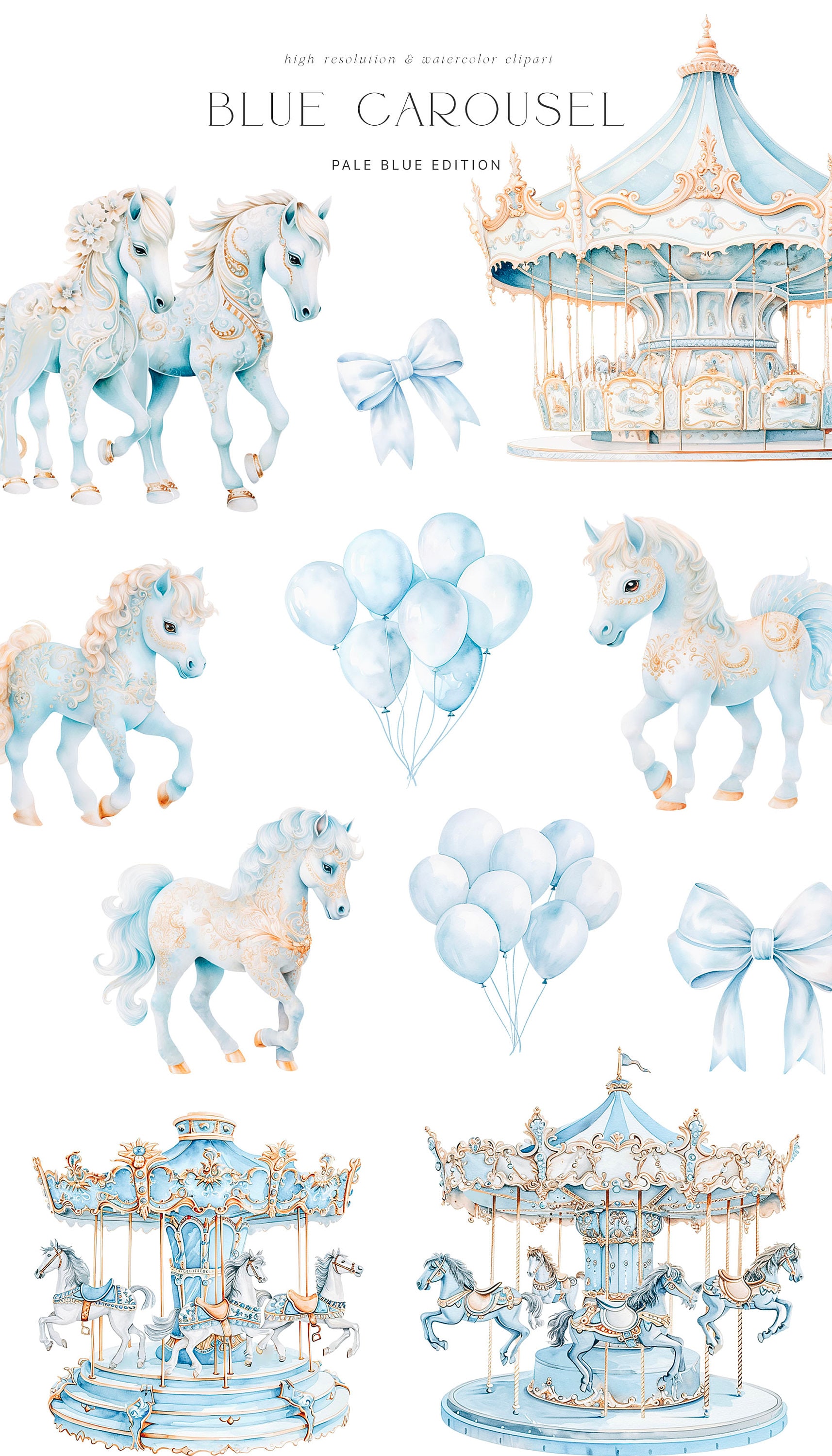 Watercolor Blue Carousel Clipart Pony Clipart Pale Blue Carousel ...