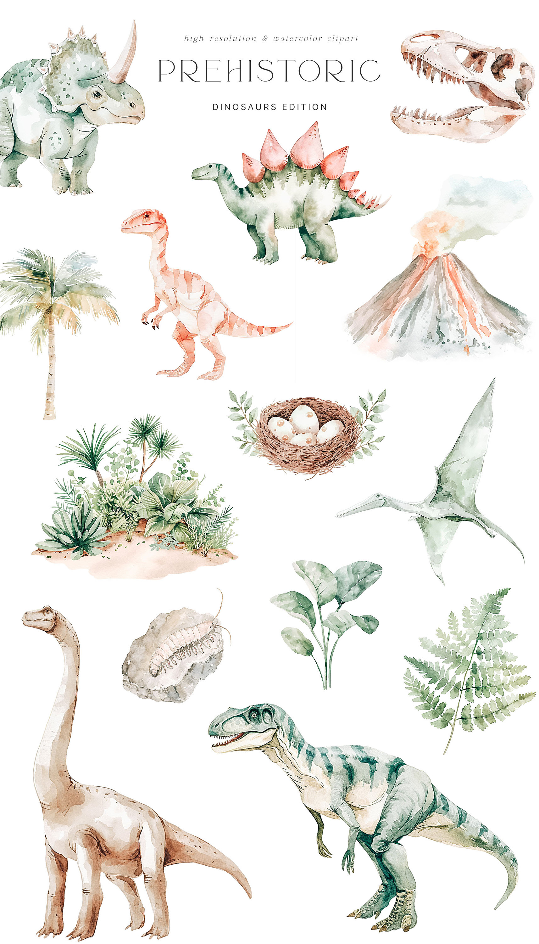 Dinosaur Watercolor Clipart Set - Prehistoric Clipart - Watercolor ...