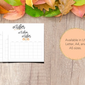 Printable October Calendar Letter A4 A5 Simple 2022 - Etsy