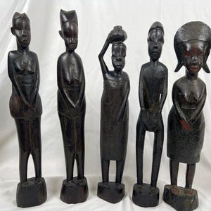 Lot of 5 Vintage Hand Carved Kenya Wooden Statue Figurine Besmo Tribal ...